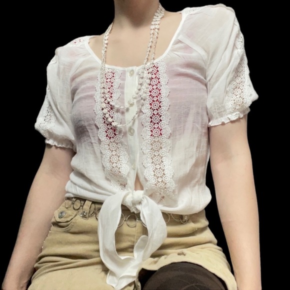 A. Byer | Tops | White Cottagecore Coquette Tie Front Button Down Top ...